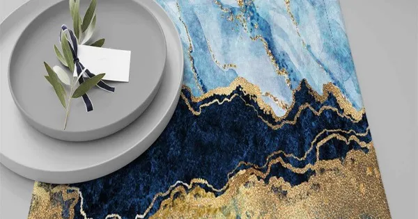 Mavi Mermer Desenli Premium Masa Örtüsü Runner RNR249